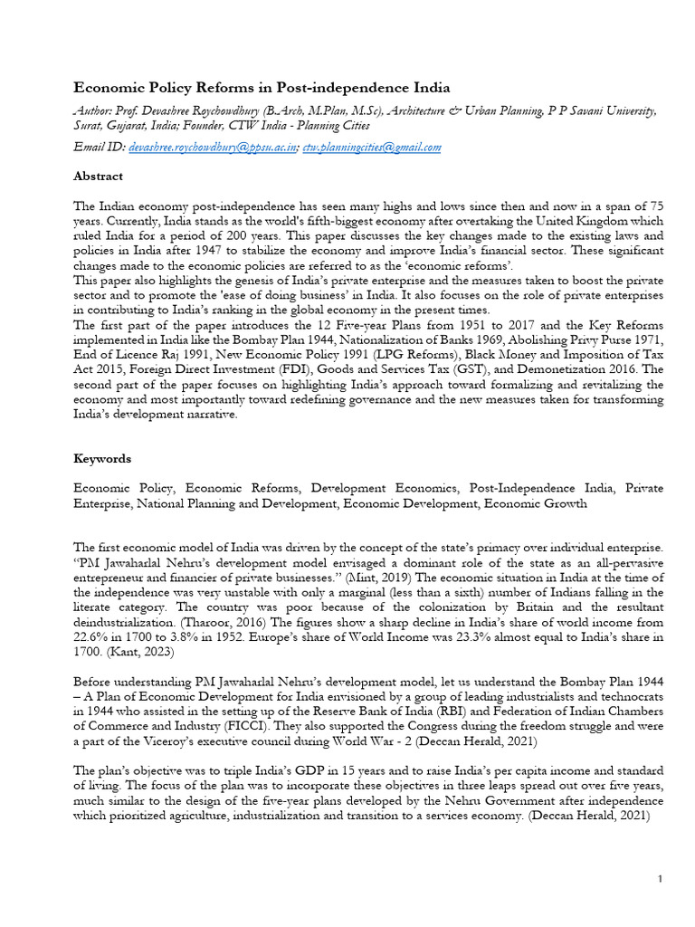 Economic Policy Reforms in Post Independence India | PDF | Economic ...