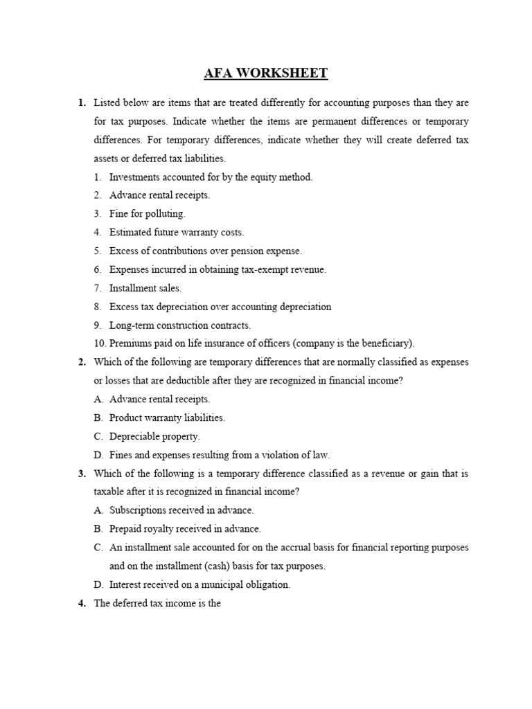 AFA Worksheet | PDF | Deferred Tax | Taxes