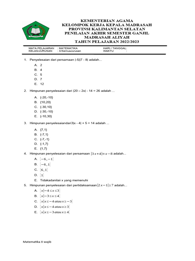 Soal UAS Ganjil 2022 Mat X Wajib | PDF