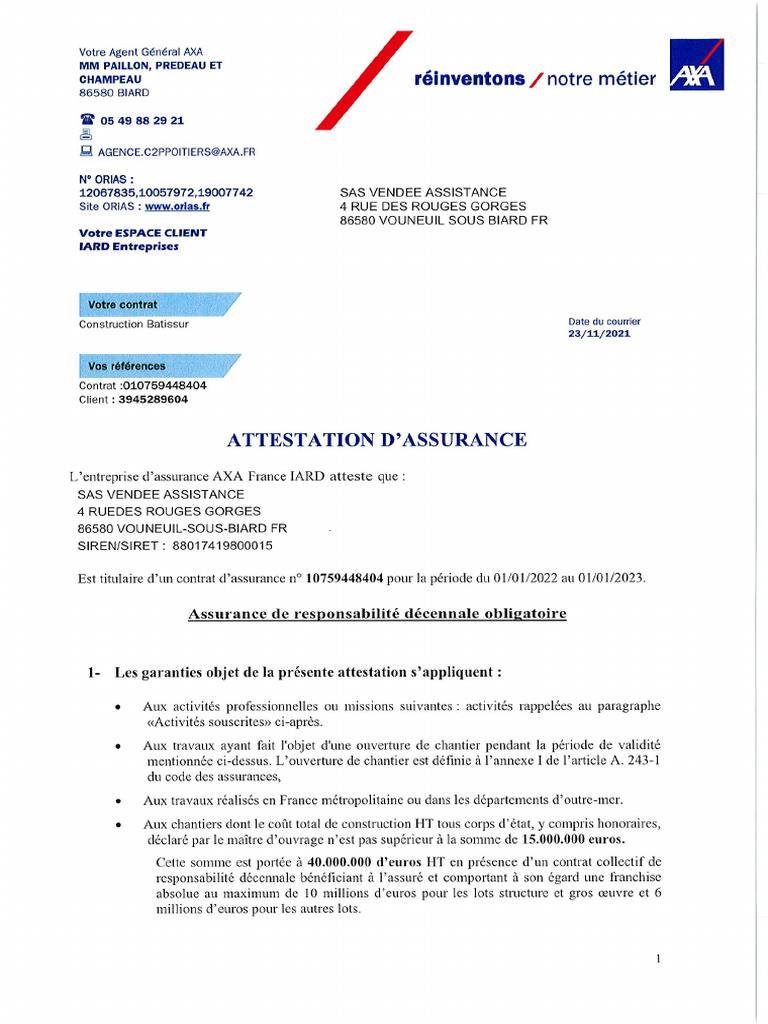 Lot 1 - AXA Attestation BATISSUR 2022 VDA | PDF