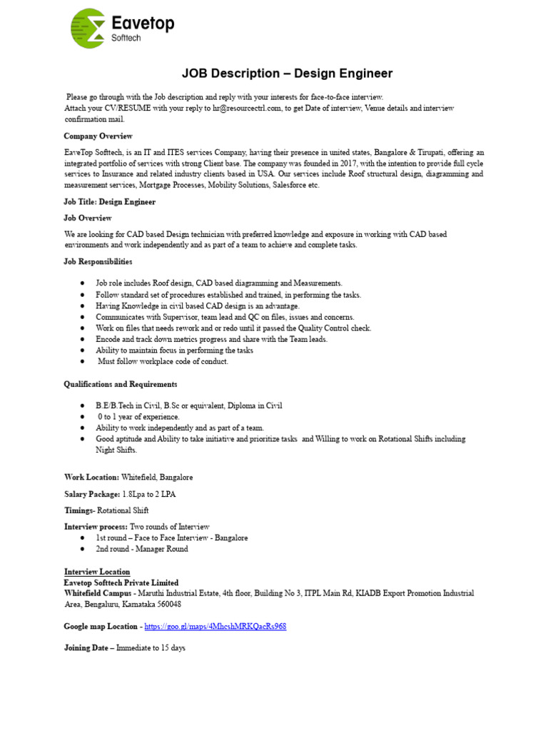 Job Description Design Engineer Fresher | PDF | Business