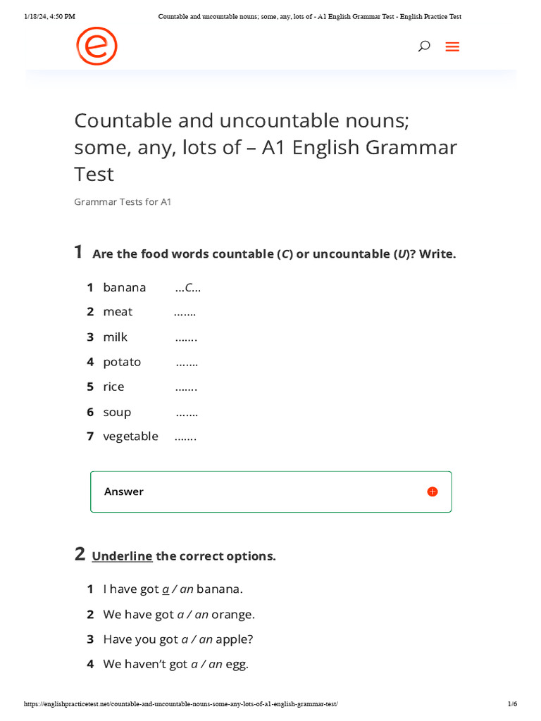 Countable and Uncountable Nouns Some, Any, Lots of - A1 English Grammar ...