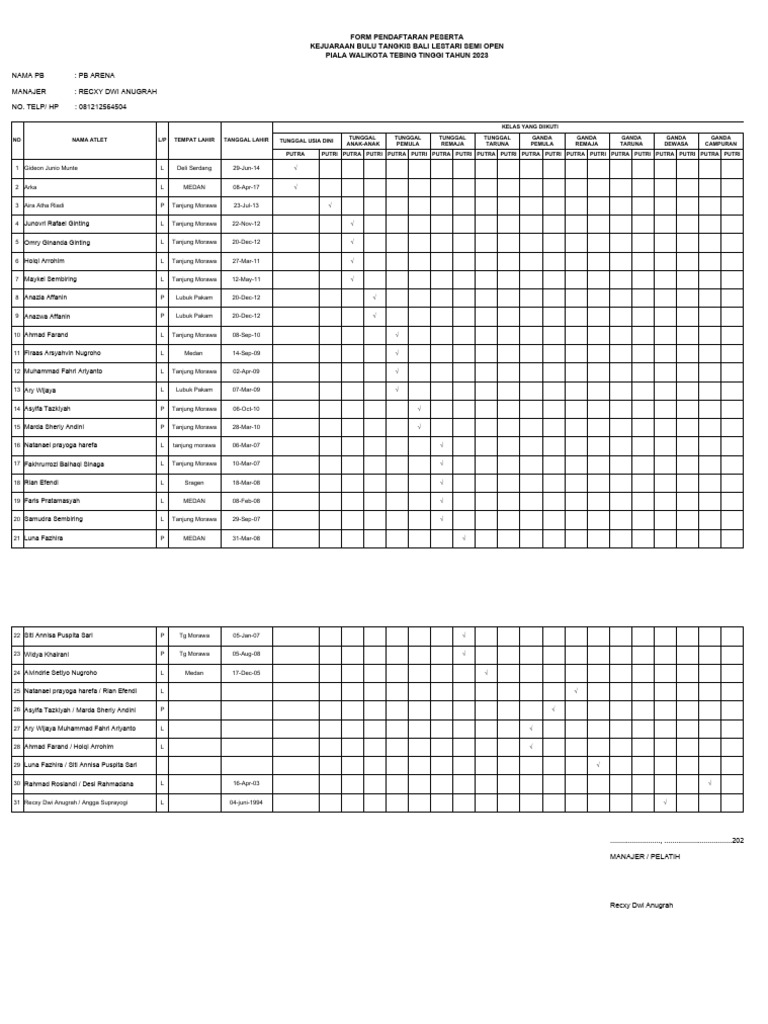 Form Pendaftaran Peserta Pb. Arena Tanjung Morawa | PDF