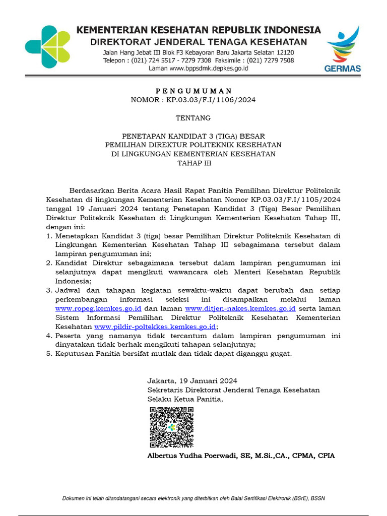 Kandidat Terbaik Direktur Poltekkes Kemenkes | PDF