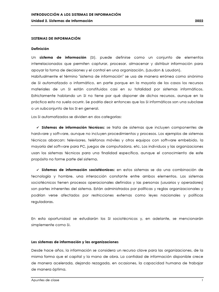 Unidad 2 - Sistemas de Informacion | PDF | Sistema de informacion ...