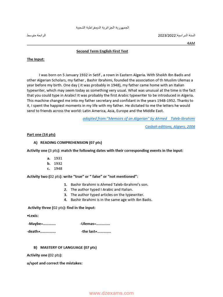 Dzexams 4am Anglais 296311 | PDF | Algeria | Linguistics