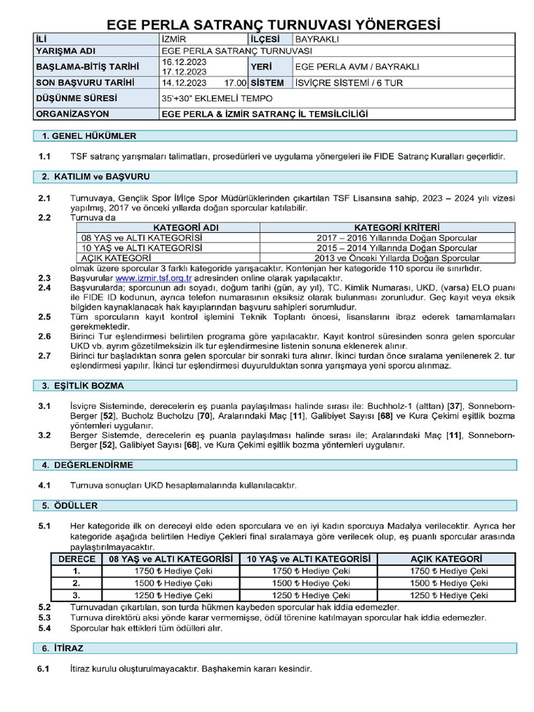 Ege Perla Satranc Turnuvasi | PDF