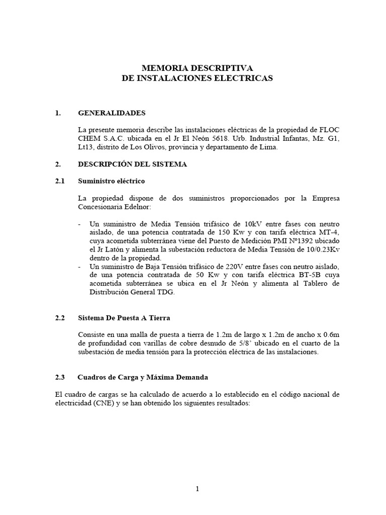 Memoria Descriptiva de Instalaciones Electricas | PDF