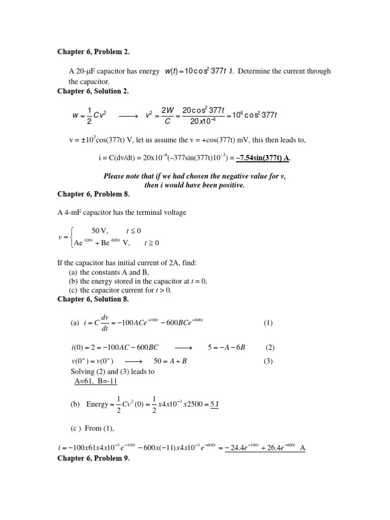 Chapter 6 Problem 2 A 20 F Capacitor Has Energy 10cos 377 | PDF ...