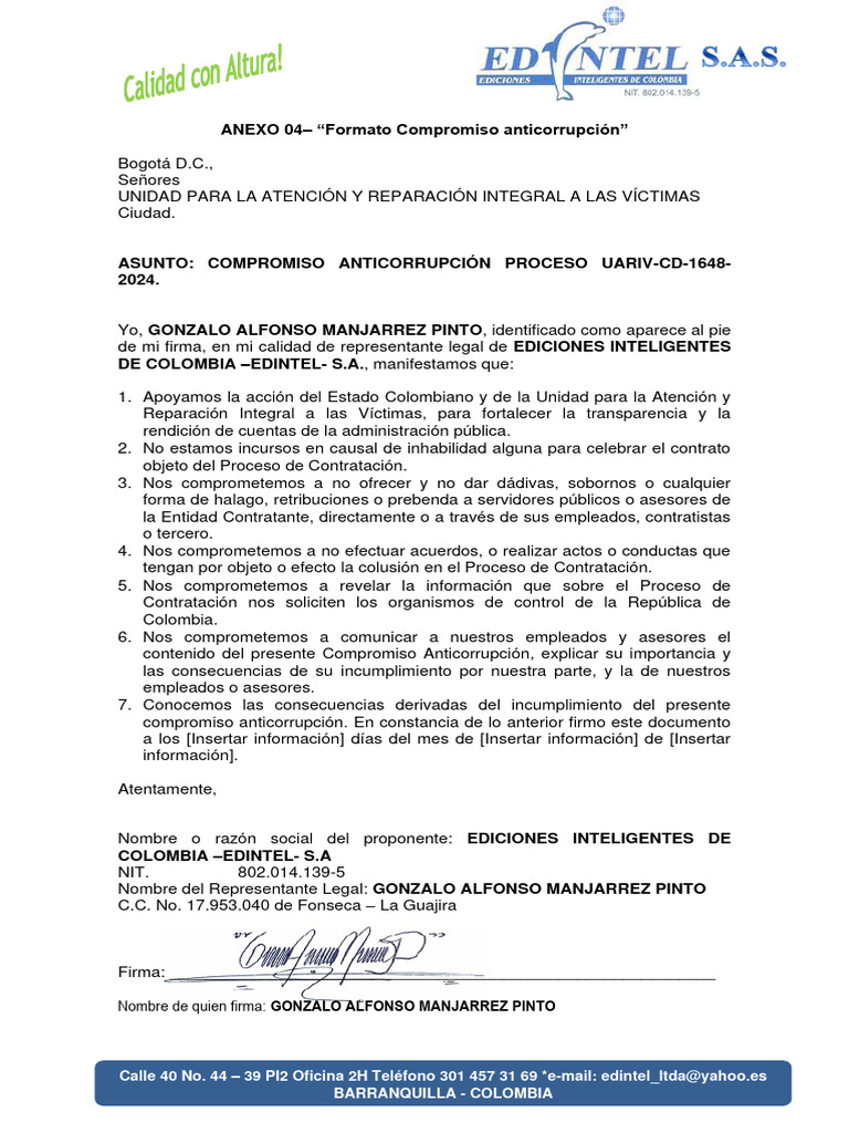 4 - ANEXO 04 - "Formato Compromiso Anticorrupción" | PDF