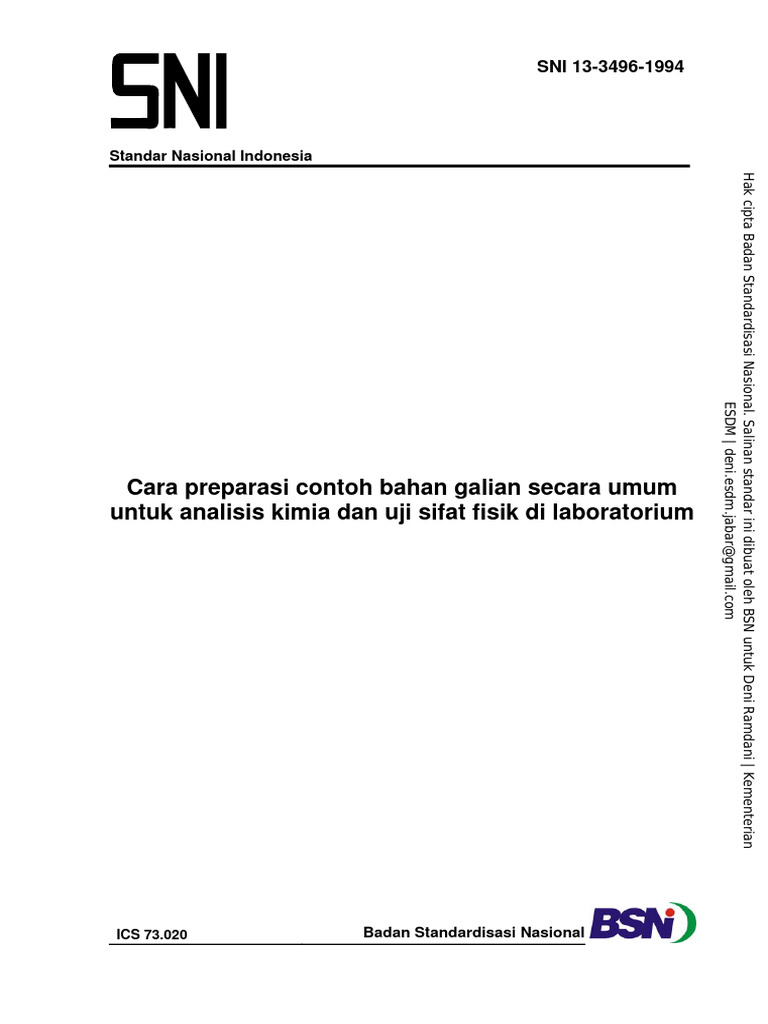 SNI 13-3496-1994 - Cara Preparasi Contoh Bahan Galian | PDF