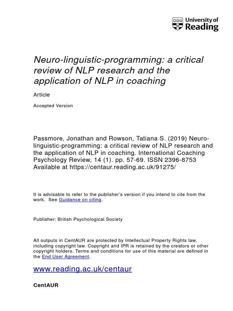 Passmore & Rowson - Neurolinguistic Programming | PDF | Neuro Linguistic Programming | Cognition