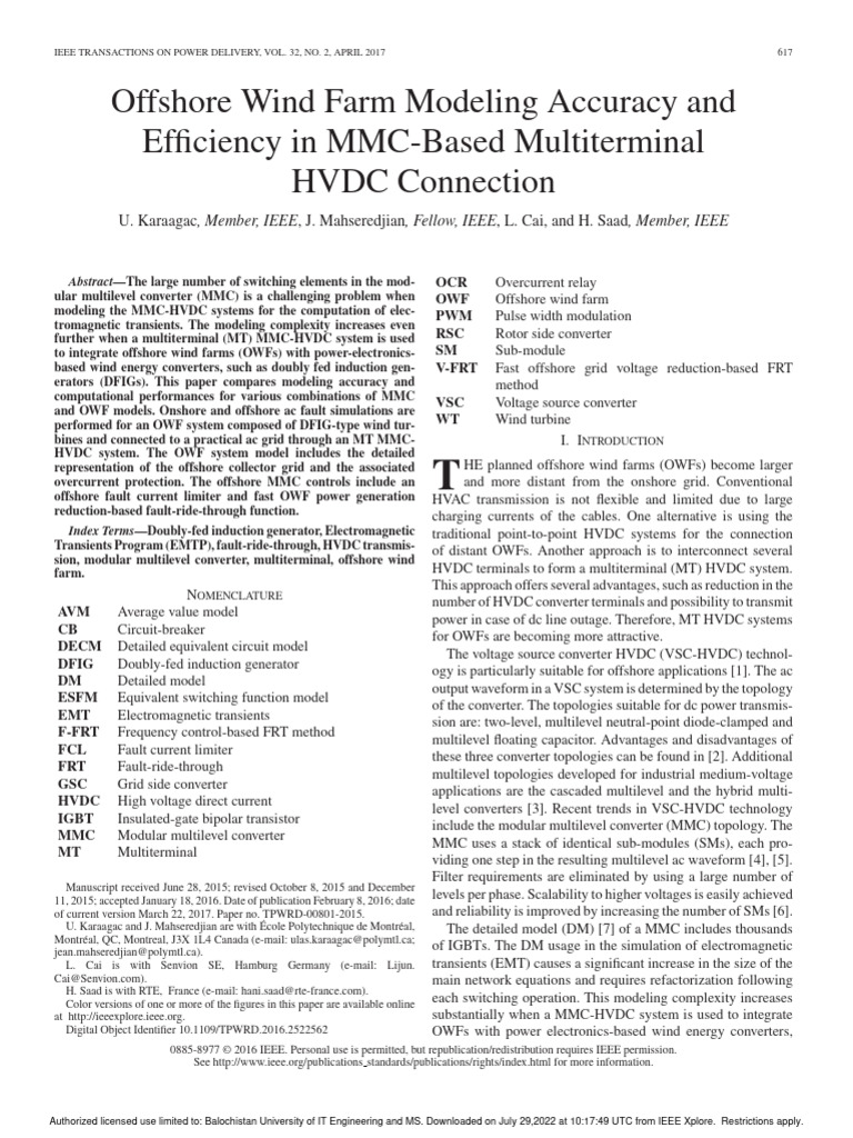 Offshore Wind Farm Modeling Accuracy and Efficiency in MMC-Based Multiterminal HVDC Connection ...