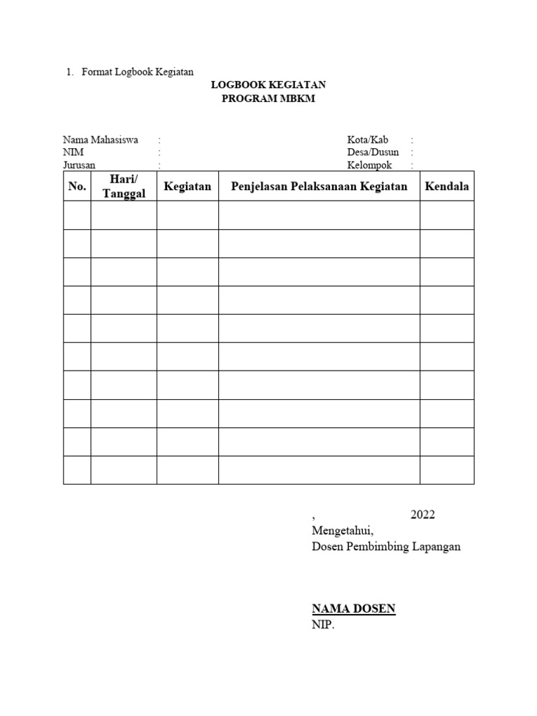 Format Logbook Kegiatan Dan Laporan Kegiatan | PDF