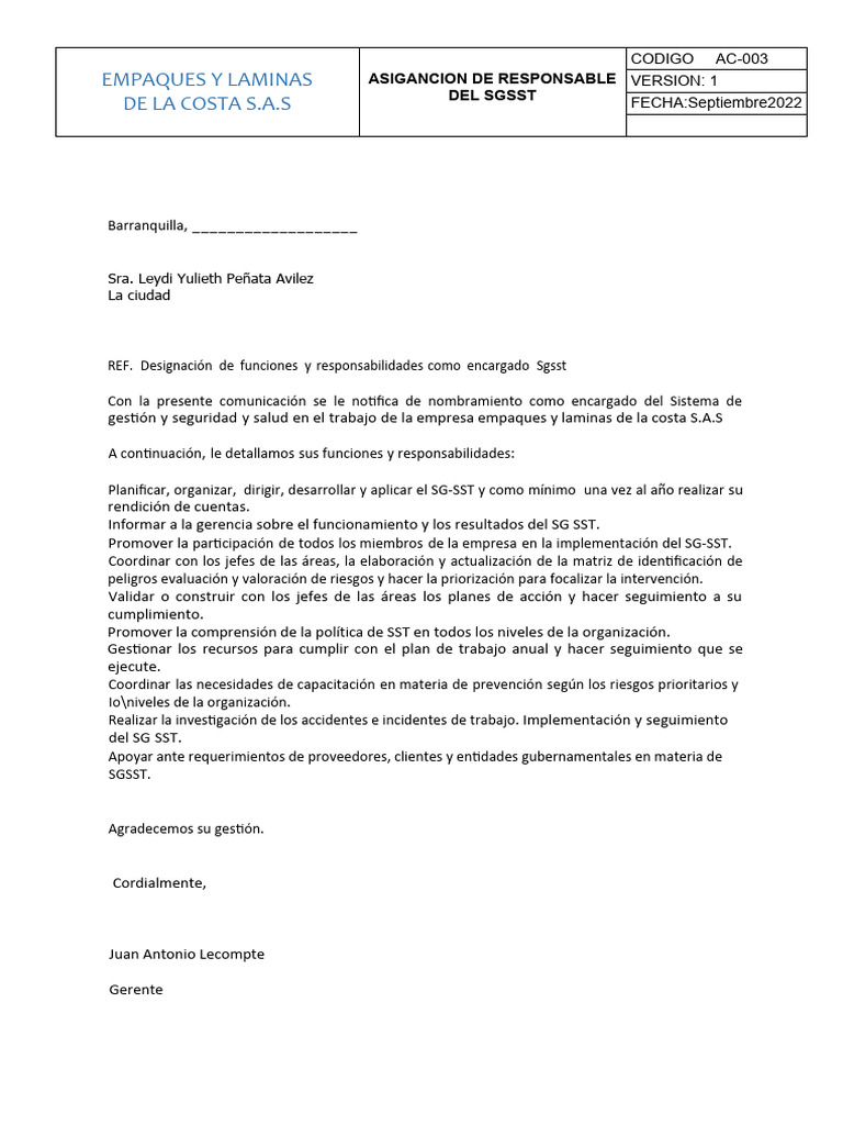 Ac-001 Designacion de Responsable SGSST | PDF