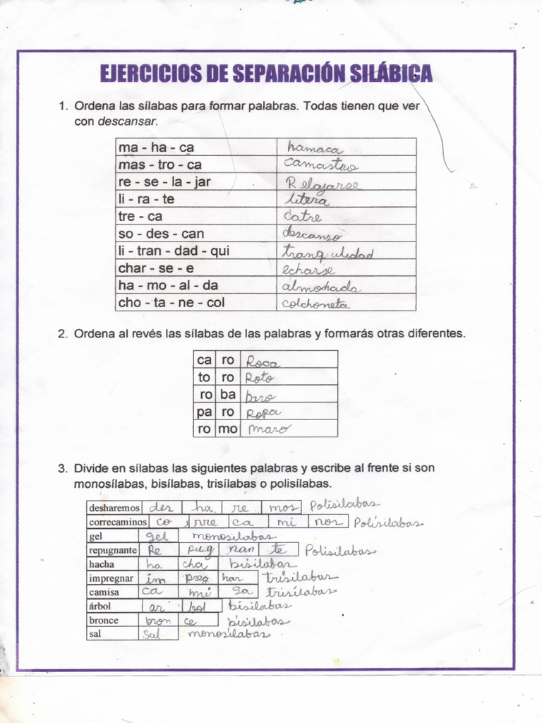 Ejercicio de Separacion Silabica | PDF