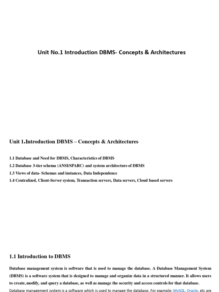 Unit No1 Introduction Dbms Concepts And Architectures Pdf Databases Clientserver Model 