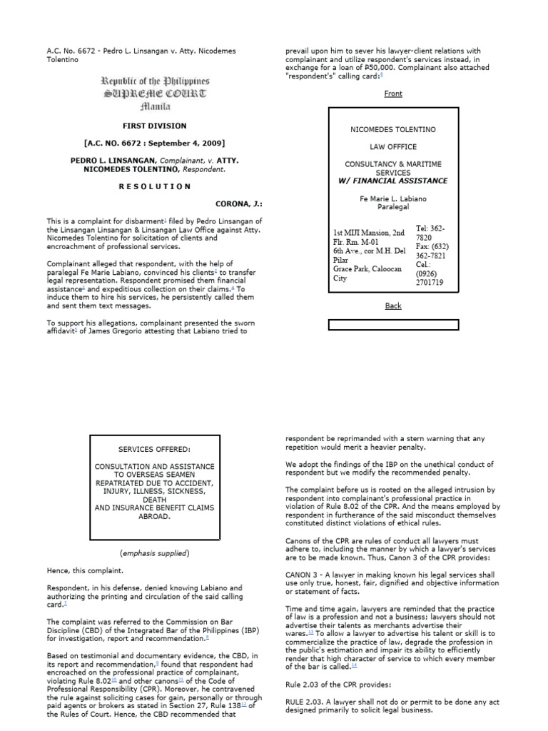 Linsangan Vs Tolentino | PDF | Lawyer | Disbarment