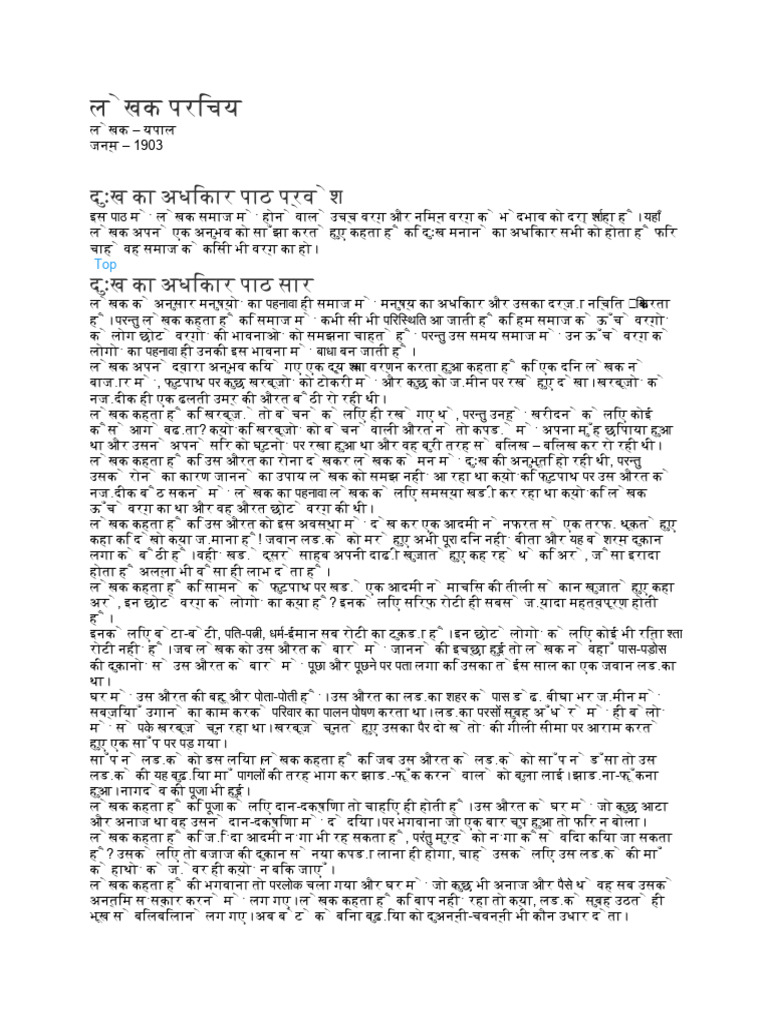 Summary Hindi Sparsh Ch1 DukhKaAdhikar | PDF