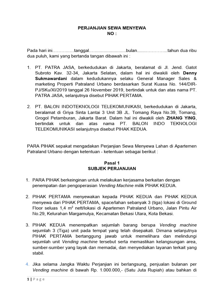 Draft Pasal Sewa Menyewa Area Dan Lahan Patraland Urbano PT. BIT (Final) | PDF