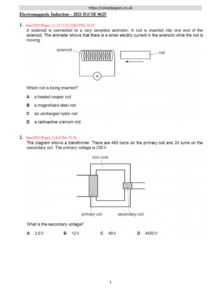 2021 J Electromagnetic Induction Igcse 0625 Pdf