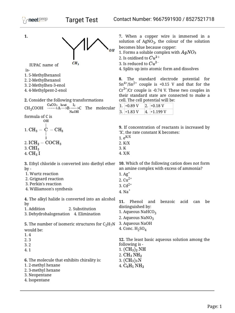 Target Test | PDF | Chemical Reactions | Ammonia