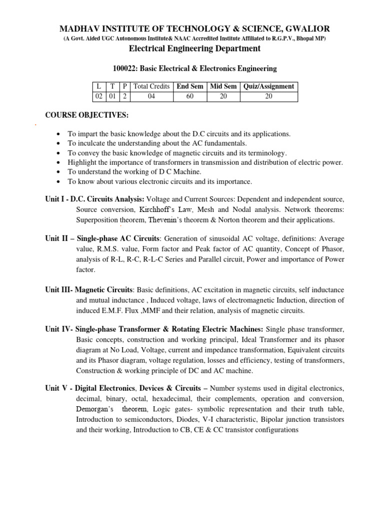 BEEE Syllabus | PDF | Transformer | Electrical Network