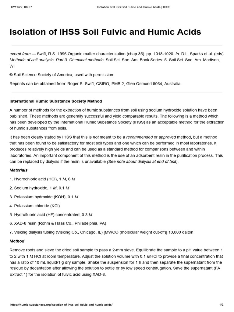 Isolation of IHSS Soil Fulvic and Humic Acids - IHSS | PDF ...