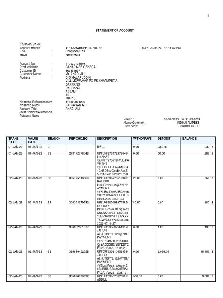Canara Bank Account Statement 2023 | PDF | Payments | Market (Economics)