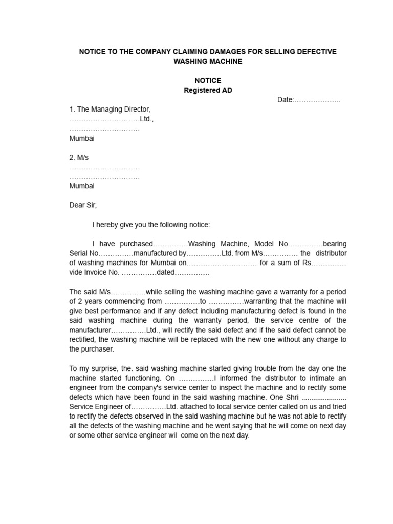 Notice To The Company Claiming Damages For Selling Defective Washing ...
