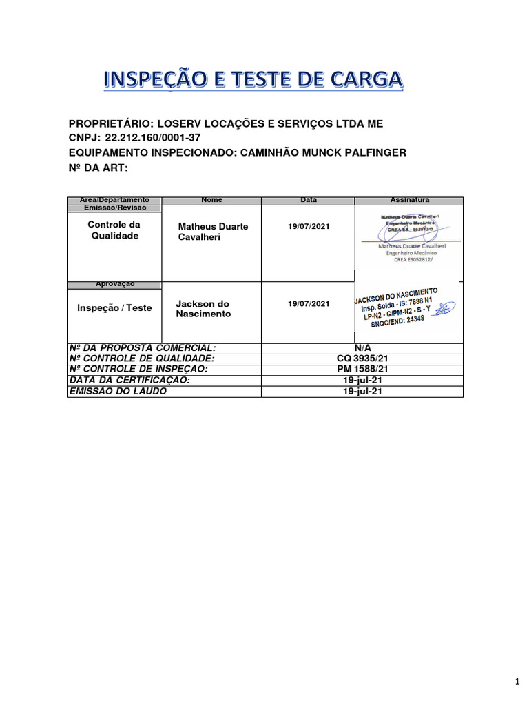 Laudo de Teste de Carga | PDF | Guindaste (máquina) | Teste não destrutivo