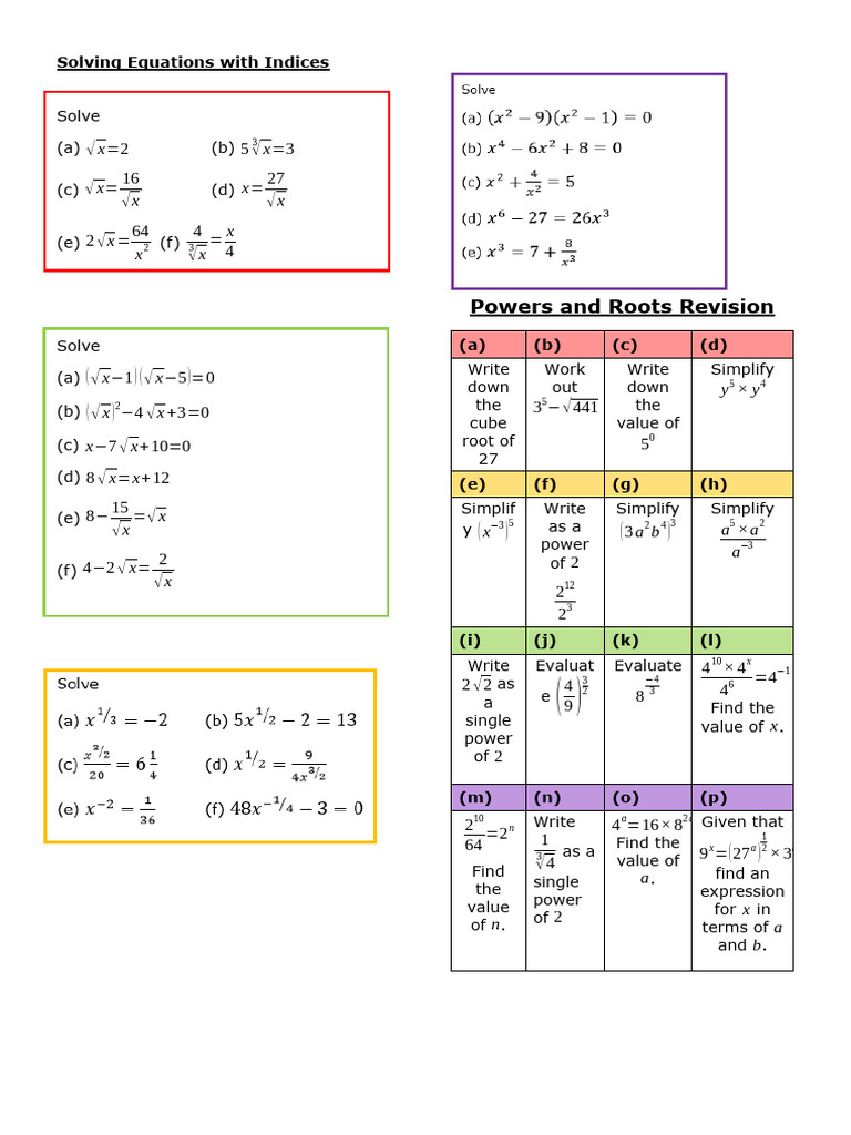 Solving Equations With Indices Practice Strips | PDF | Square Root ...