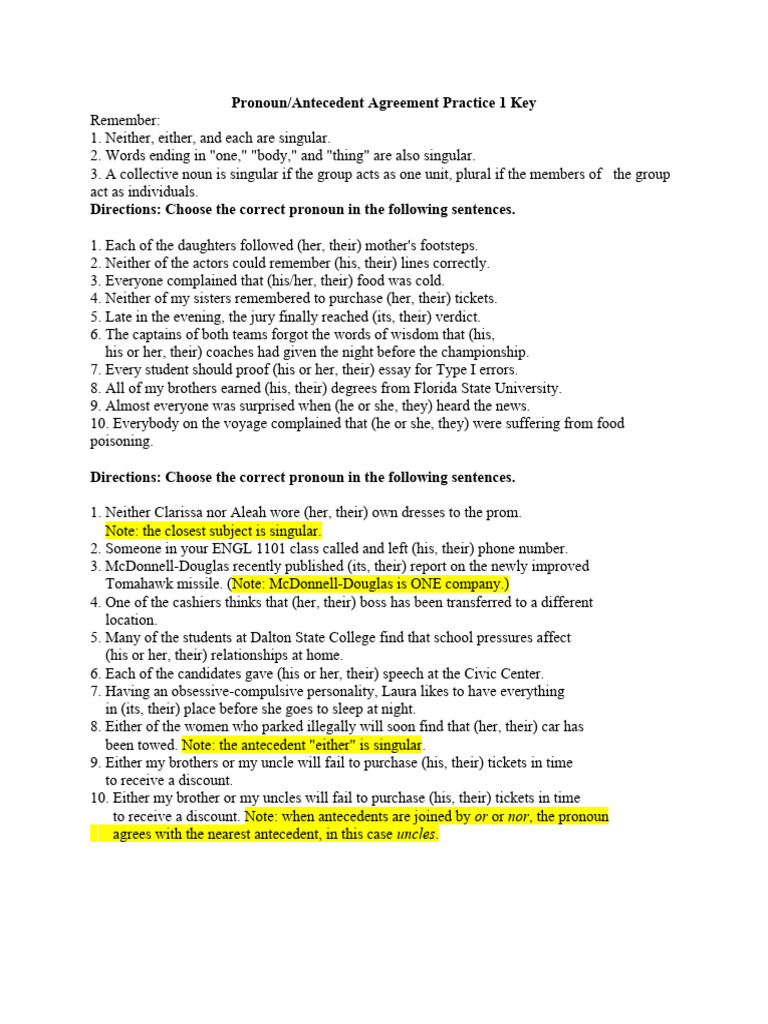 Pronoun Ant. Practice1 Answer Key | PDF | Grammatical Number | Pronoun