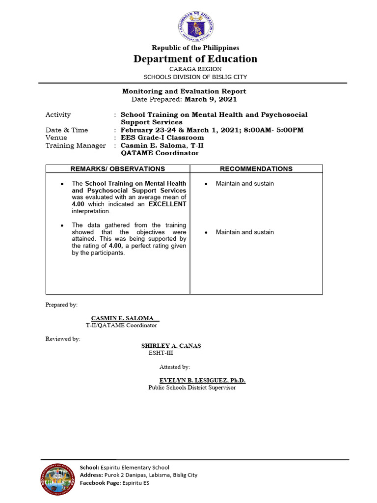 Evaluation Report QATAME - Brigada Pagbasa | PDF | Mental Health | Teachers