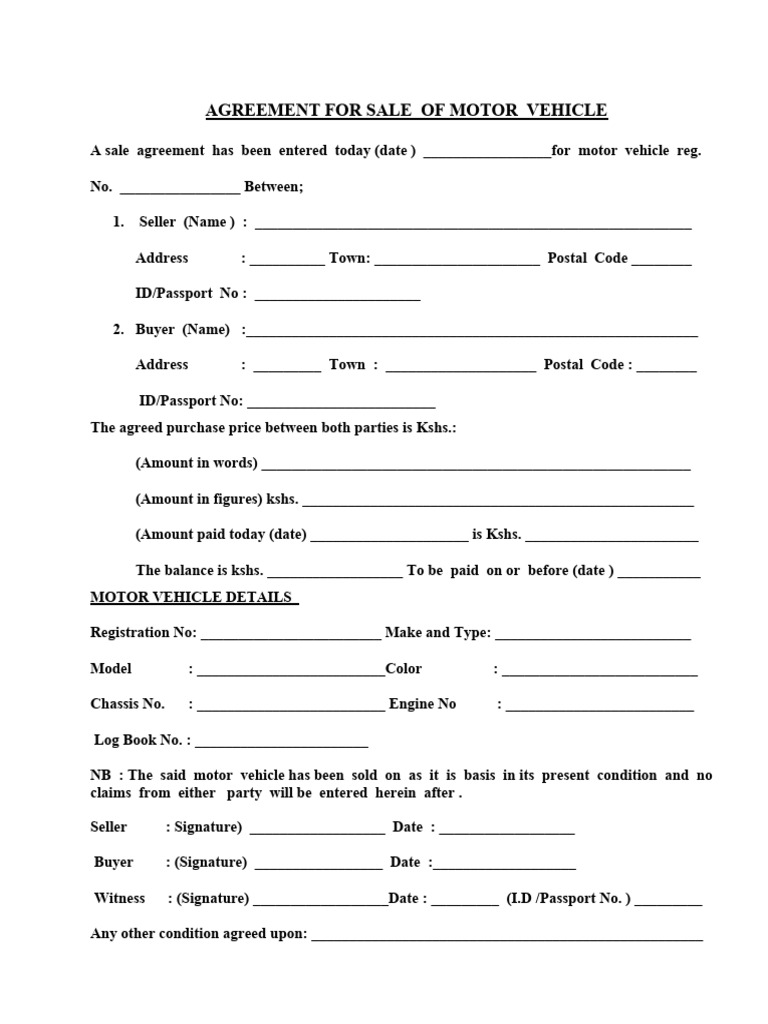 MOTOR VIHECLE SALE AGGREEMENT Aggreeement For Sale of Motor Vehicle | PDF