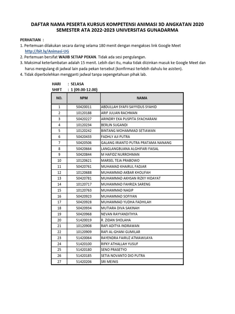 Jadwal Kursus Angkatan 2020 ATA 2022-2023 | PDF