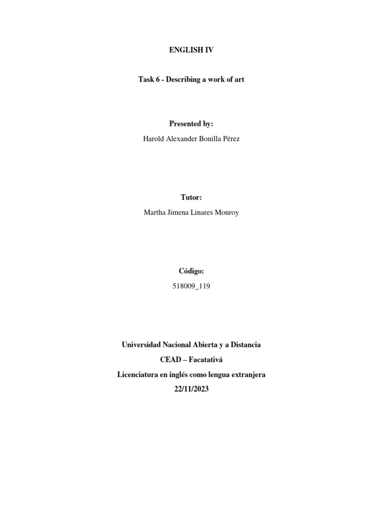 Task 6 - Describing A Work of Art | PDF | Language Arts & Discipline