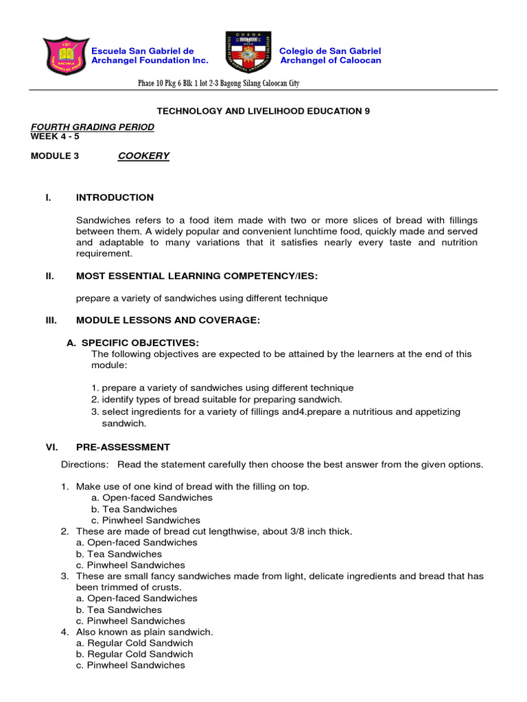 4th TLE 9 MODULE 3 Week 4-5 | PDF | Sandwich | Breads