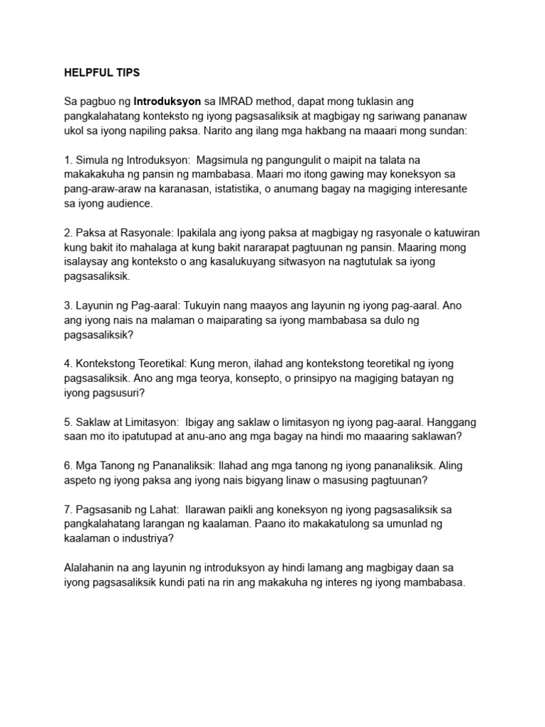 Introduksyon (IMRAD) HELPFUL TIPS | PDF