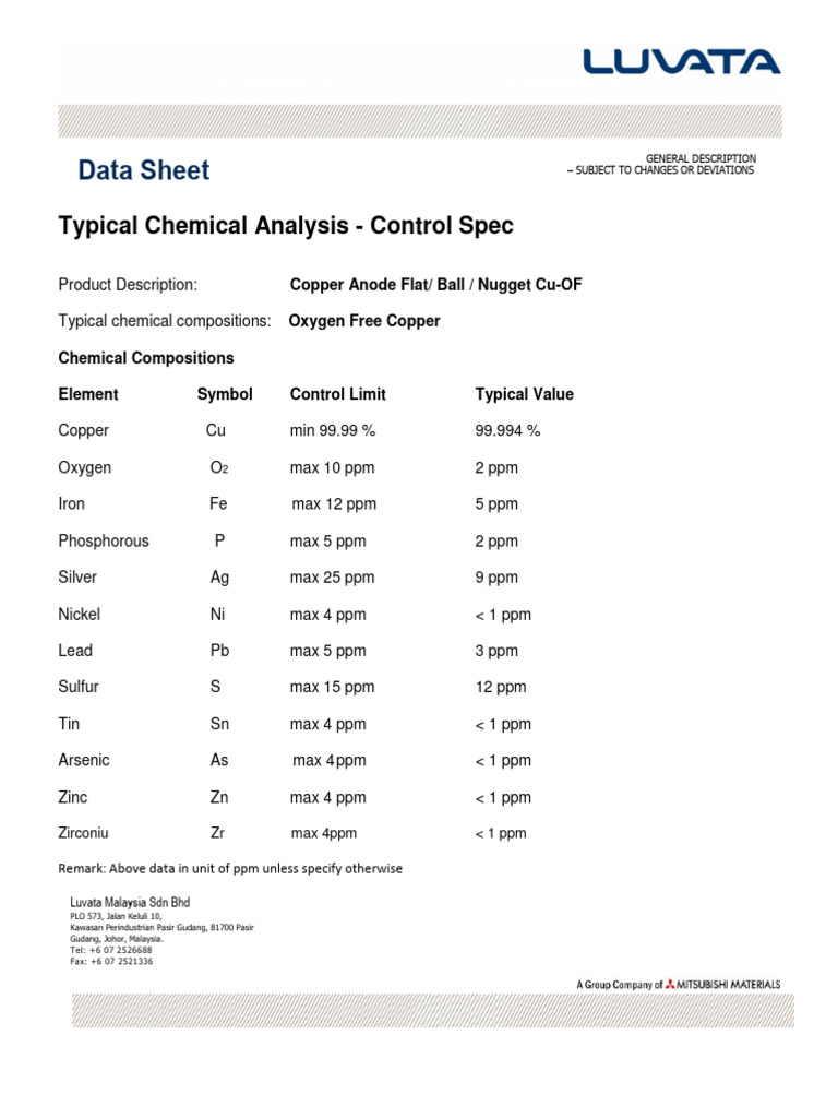Luvata Chemical Analysis - Control Spec CU-OF | PDF