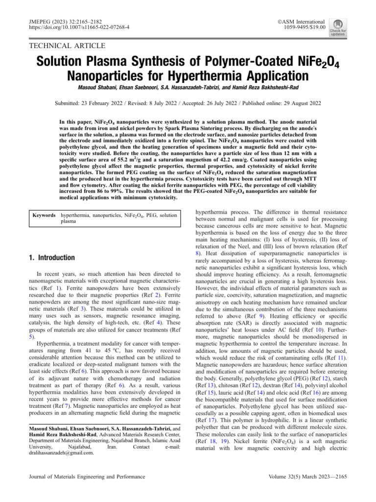 Solution Plasma Synthesis of Polymer-Coated Nife O Nanoparticles For ...
