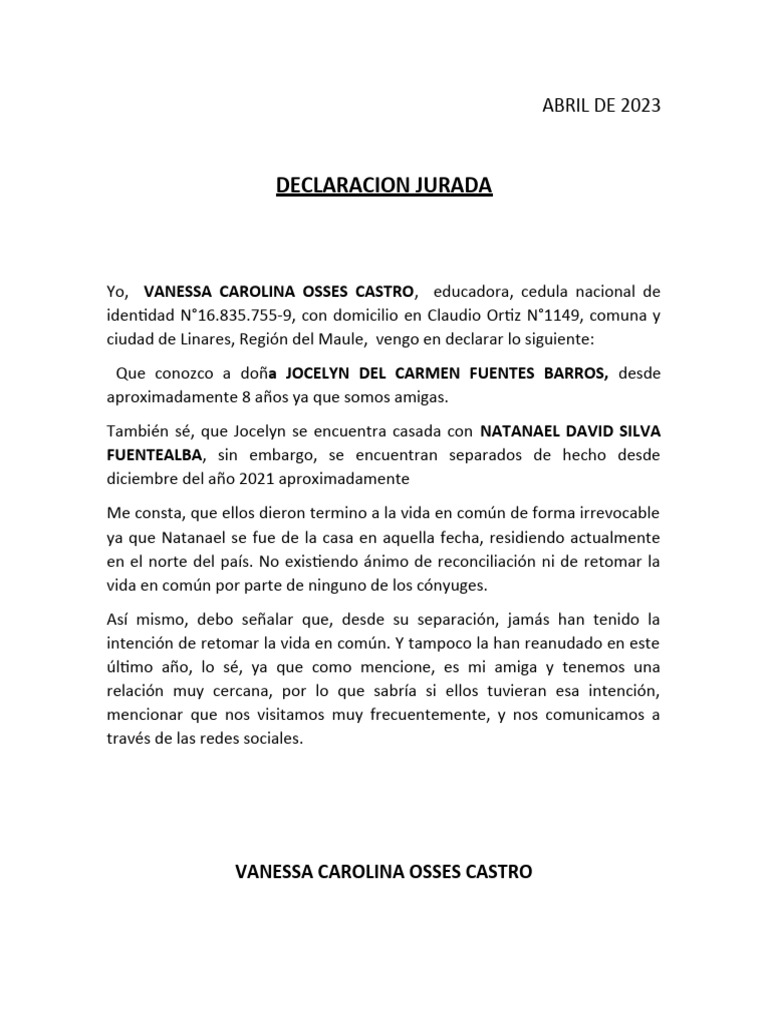 Declaracion Jurada Yesenia Divorcio Mutuo Acuerdo | PDF Declaracion Jurada Yesenia Divorcio Mutuo Acuerdo | PDF
