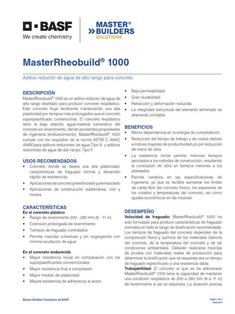 Reductor Agua Basf Masterrheobuild 1000 | PDF