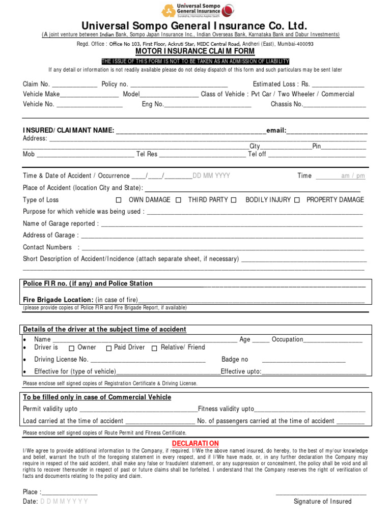 Universal Sompo Motor Claim Form | PDF