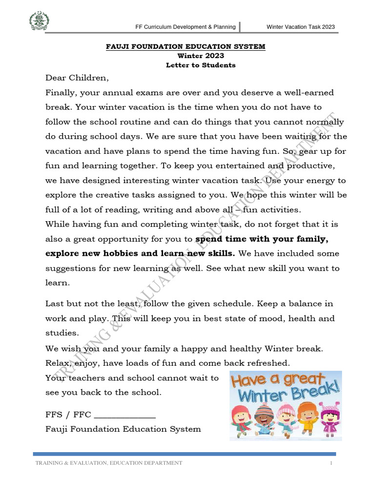 Winter Vacation 2023 - Letter To Children and Parents | PDF