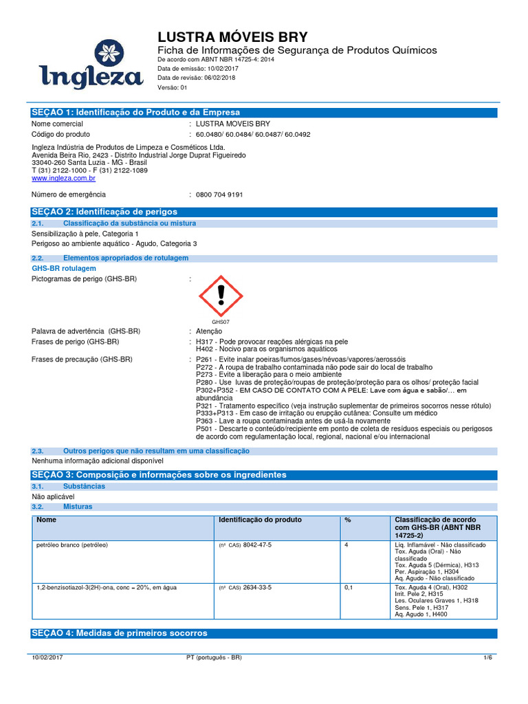 FISPQ Lustra Moveis BRY | PDF | Águas residuais | Primeiros socorros