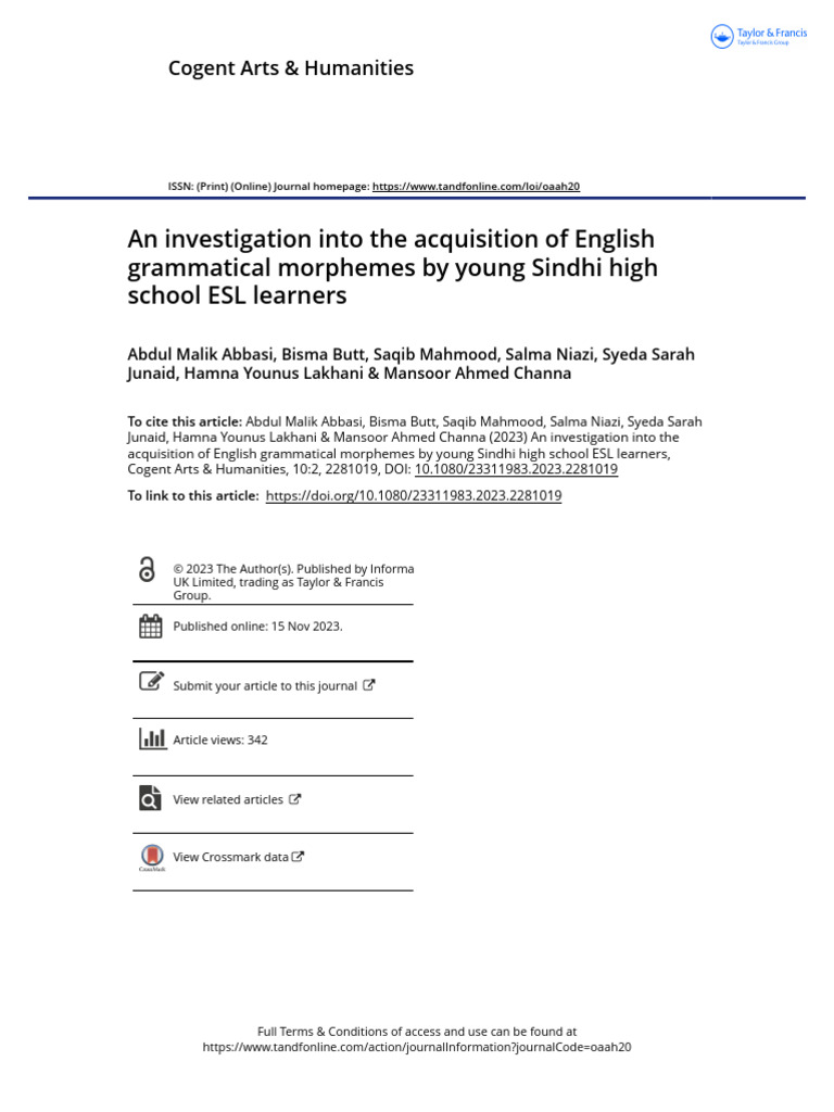 An Investigation Into The Acquisition of English Grammatical Morphemes by Young Sindhi High ...