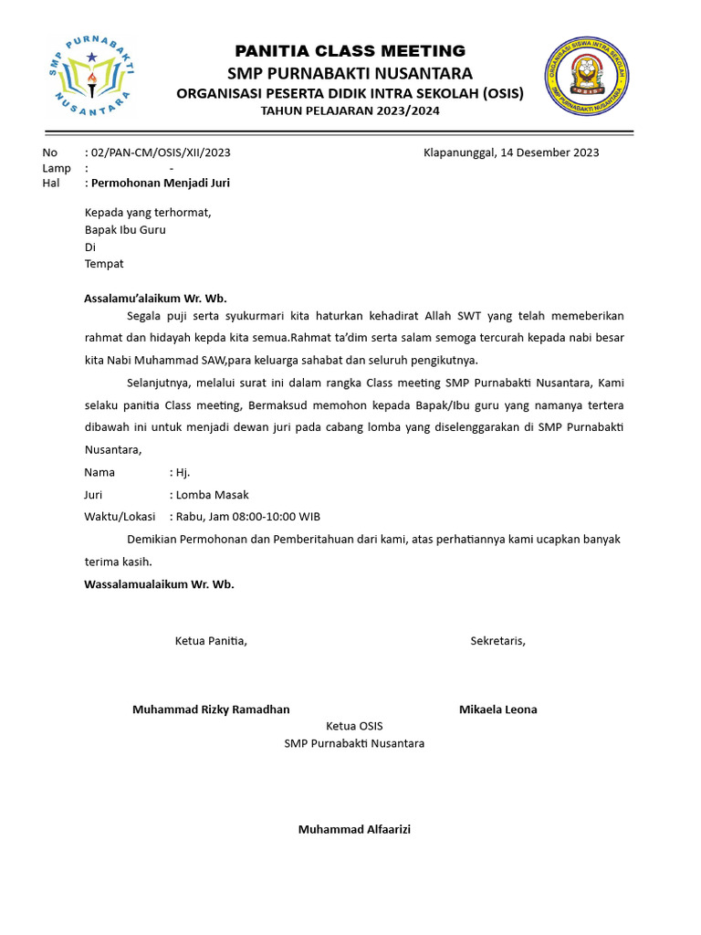 Permohonan Juri Class Meeting SMP | PDF | Agama & Spiritualitas