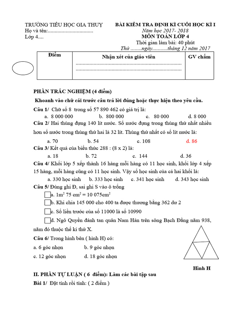 De KTDK - Cuoi Ki 1 - Toan 4 - TH Gia Thuy - 2017 - 2018 213201815 | PDF