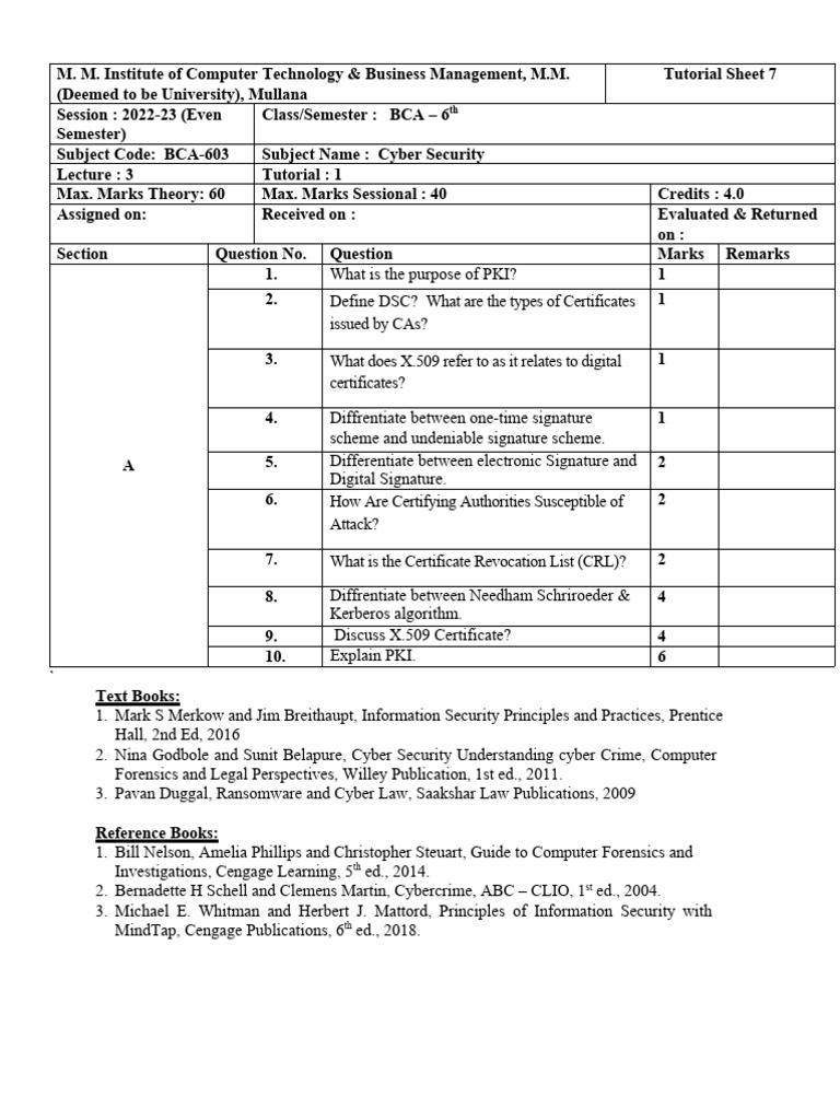 Tutorial Sheet 7 Cybersecurity | PDF | Security | Computer Security